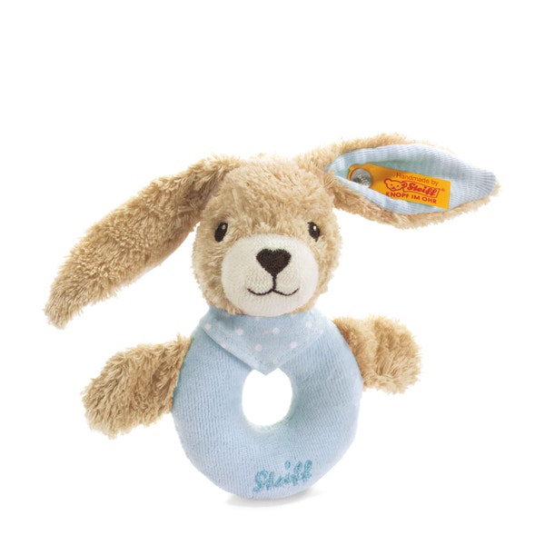 Hoppel rabbit grip toy with rattle, 5 in, light blue - Steiff.com