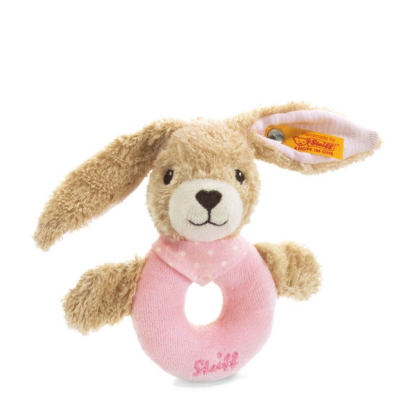 Hoppel rabbit grip toy with rattle, 5 in, pink - Steiff.com