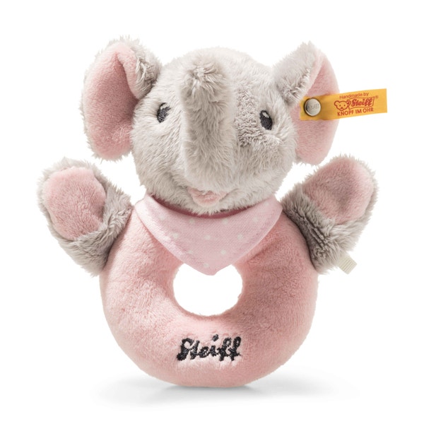 Trampili elephant grip toy with rattle, 5 in, light grey - Steiff.com